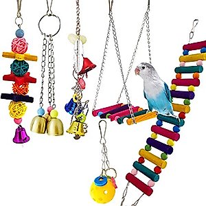 6pcs Bird Parakeet Toys Ladders Swing Colorful Chewing Bird Parakeet Cage Accessories Hanging Bell Pet Cockatiel Toys for Bird Cage for Small Birds, Love Birds, Conures, Macaws, Parrots, Finches