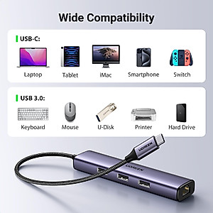 UGREEN USB C to Ethernet Adapter, 4 in 1 USB C Hub Ethernet with 3 USB 3.0 Ports/Gigabit Rj45, Plug & Play, Thunderbolt (3/4) to Network Adapter for MacBook Pro/Air, XPS, iPad Pro, iPhone 15 Pro/Max