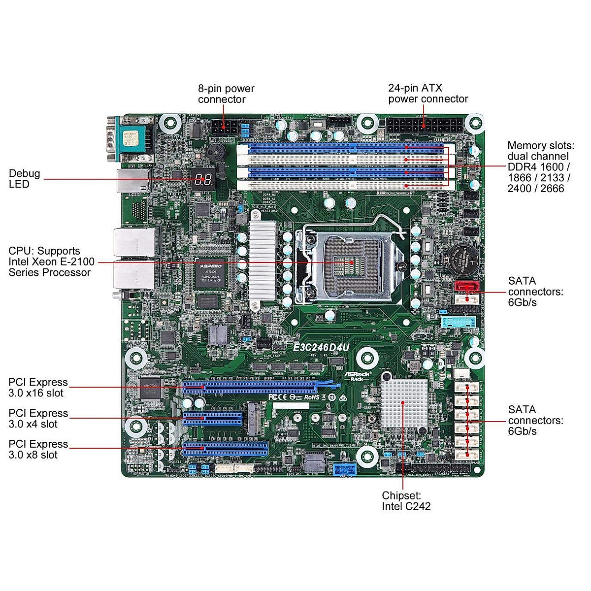 ASRock Rack E3C242D4U LGA1151/ Intel C242/ DDR4/ SATA3&USB3.0/ V&2GbE/ MicroATX Server Motherboard
