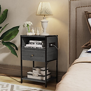 LDTTCUK Nightstand with Charging Station, Modern End Table with Drawer, Bedside Table with Open Storage for Bedroom, Grey