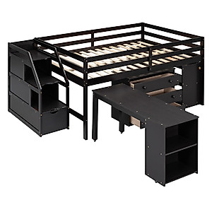 Versatile Wooden Full Size Low Loft Bed with Retractable Writing Desk and 3 Drawers, Storage Stairs and Shelves,for Kids Boys Girls Teens Adults Bedroom (Espresso@Writing Desk, Full)
