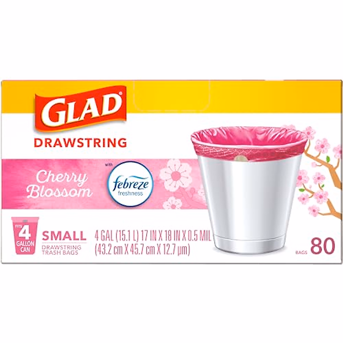 Glad Odorshield Small Drawstring Trash Bags, 4 Gal, Pink, Cherry Blossom, 80 Ct, Pack May Vary