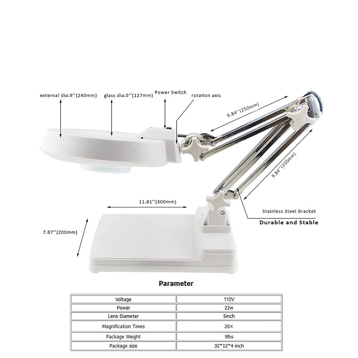 INTBUYING 20X Magnifier,110V Folding LED Desk Lamp Amplification Magnifier, 5" White Glass Lens,Adjustable Table Magnifier with Light, for Reading and Working