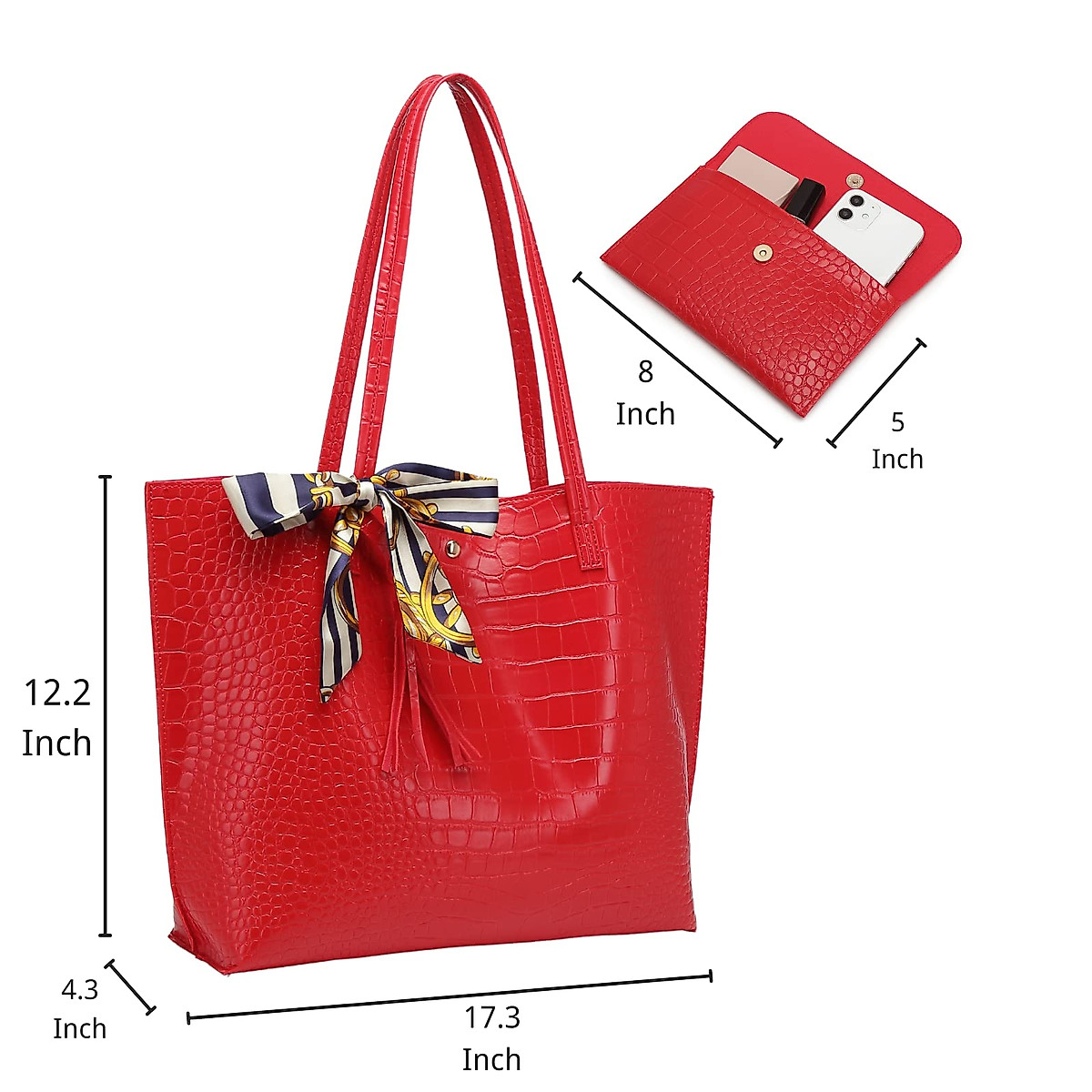 Women's Tote Shoulder Bag PU Leather Big Capacity Tassel Handbag (Large, L-Crocodile pattern Red)