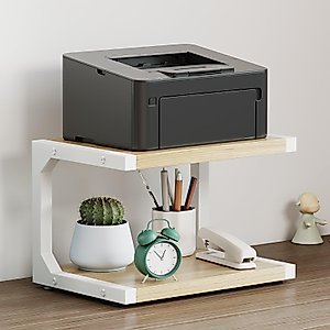 Mt.Jun Heavy-Duty Desktop Printer Stand - 2-Tier Organizer, 18" W x 12" D x 11" H, White Iron Tube Frame and Golden Oak Colored Panel, Supports 50 lbs