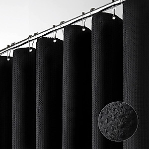 Dynamene Black Fabric Shower Curtain - Waffle Textured Heavy Duty Cloth Shower Curtains for Bathroom, 256GSM Hotel Spa Luxury Weighted Polyester Bath Curtain Set with 12 Plastic Hooks(72Wx72H, Black)