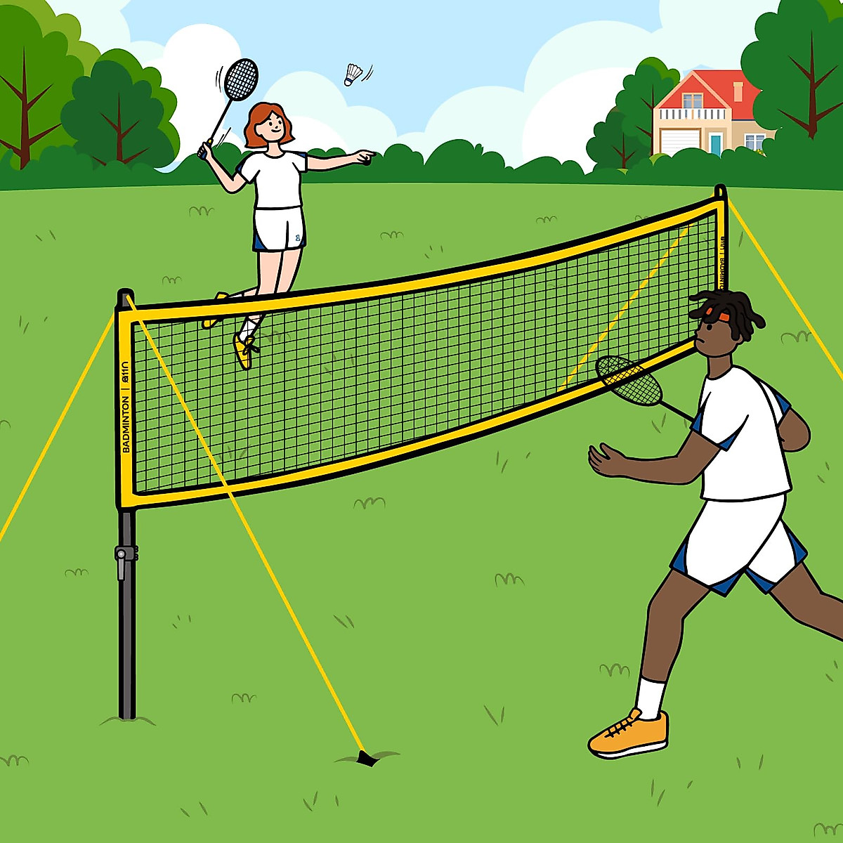 A11N Outdoor Badminton Set - Includes Anti-Sag Net, 4 Rackets, 2 Shuttlecocks, and Carrying Bag - for Backyard, Beach, and Park
