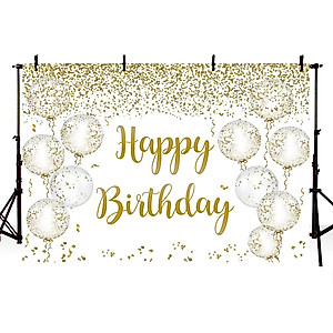 MEHOFOND 10x7ft White Gold Balloons Birthday Party Backdrop Confetti Balloons Gold Glitter Spots Girl Princess Bday Background Decoration Supplies Photo Booth Props