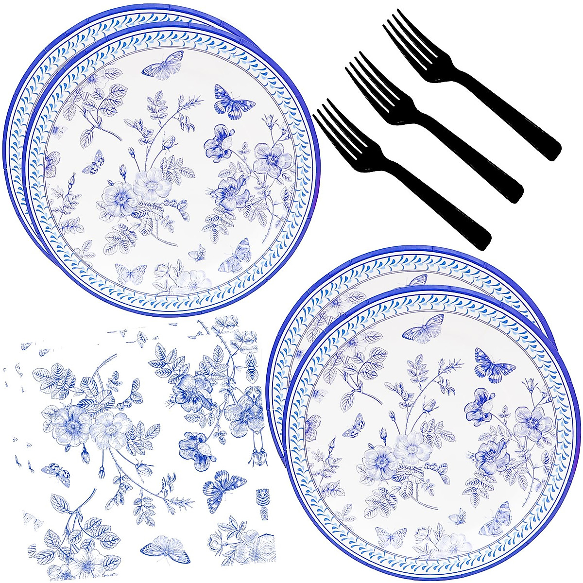 60Pcs Blue White Floral Party Supplies Flower Tableware Set 7"Blue and White Paper Plates and Blue White Floral Napkin Fork for Bridal Shower Wedding Tea Party Floral Birthday Party Decoration Serve20