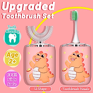 Kids Electric Toothbrush U Shaped Ultrasonic Automatic Brush with 2 Brush Head 6 Sonic Clean Modes IPX7 Waterproof Unicorn Design Whole Mouth Rechargeable Smart Timer Toothbrushes for Children 2-6