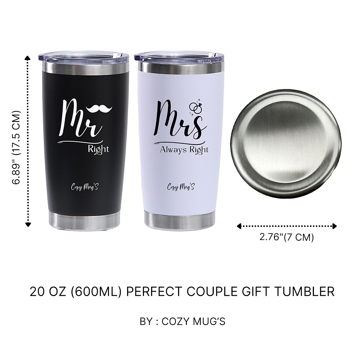 Coffee Tumbler Set 20OzDoubleWall, Travel Insulated Coffee/Tea Thermos, Long-Lasting Hot/Cold Beverages, Couple Gift for anniversary, valentine, birthday surprise- B&W