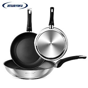 Jitsuryoku Non-Stick Fry Pan 8 Inch, Nonstick Coating Stainless Skillets, 3-Ply Clad Stainless Steel, Induction Classic Frying Pan with Nonstick, Bakelite Handle, Mirror Finish, PFOA Free