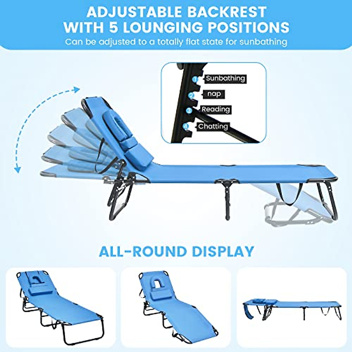 GYMAX Tanning Chair, 350lbs Beach Lounge Chair with Face Hole, Detachable Washable Pillow & Carry Strap, Adjustable Folding Chaise Lounge, Layout Chair for Outside, Patio, Poolside, Lawn (2, Blue)