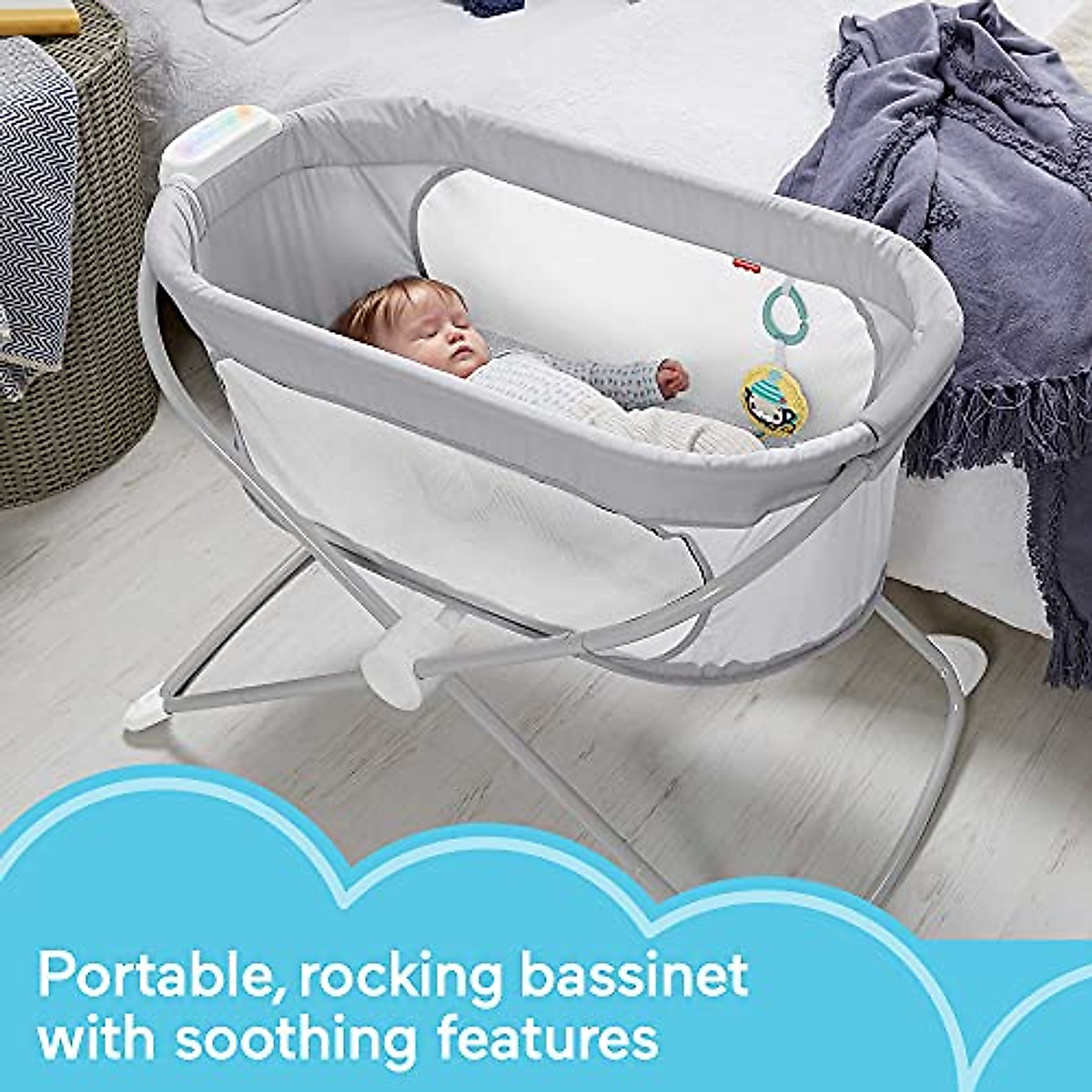 Fisher-Price Baby Crib Soothing View Vibe Bassinet Portable Cradle with Music Vibrations and Slim Fold for Travel, Hearthstone