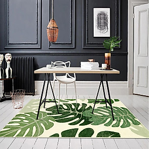 Lukinbox Leaf Area Rugs for Living Room, 3x5 Green Washable Throw Rugs Tropical Monstera Plant Non-Slip High Traffic Bedroom Rugs Indoor Outdoor Carpet for Porch Dinning Room Entryway Kitchen