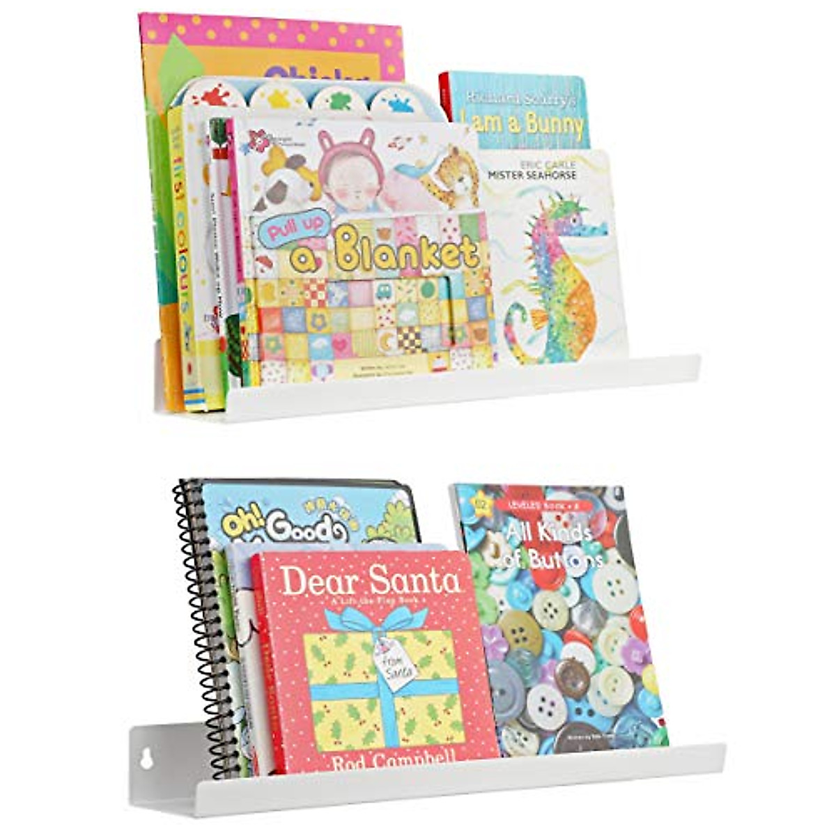 Hoanvi Metal Floating Shelves Storage for Photo Ledge Display, White Wall Mount Book Shelf Organizer for Kids, Wall Hanging Shelf Décor for Living Room, Entryway, Bathroom, Bedroom. (Set of 2)