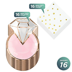 Bridal and Bachelorette Party Supplies - Blush Pink Gold Metallic Diamond Ring Paper Dessert Plates and Beverage Napkins (Serves 16)