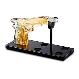 Bezrat Whiskey Gun Decanter Set with 4 Gun Shaped Shot Glasses on on Mahogany Tray - Old Fashioned Bourbon Liquor Drinks Rocks Glasses Dispenser Set, Gift Box