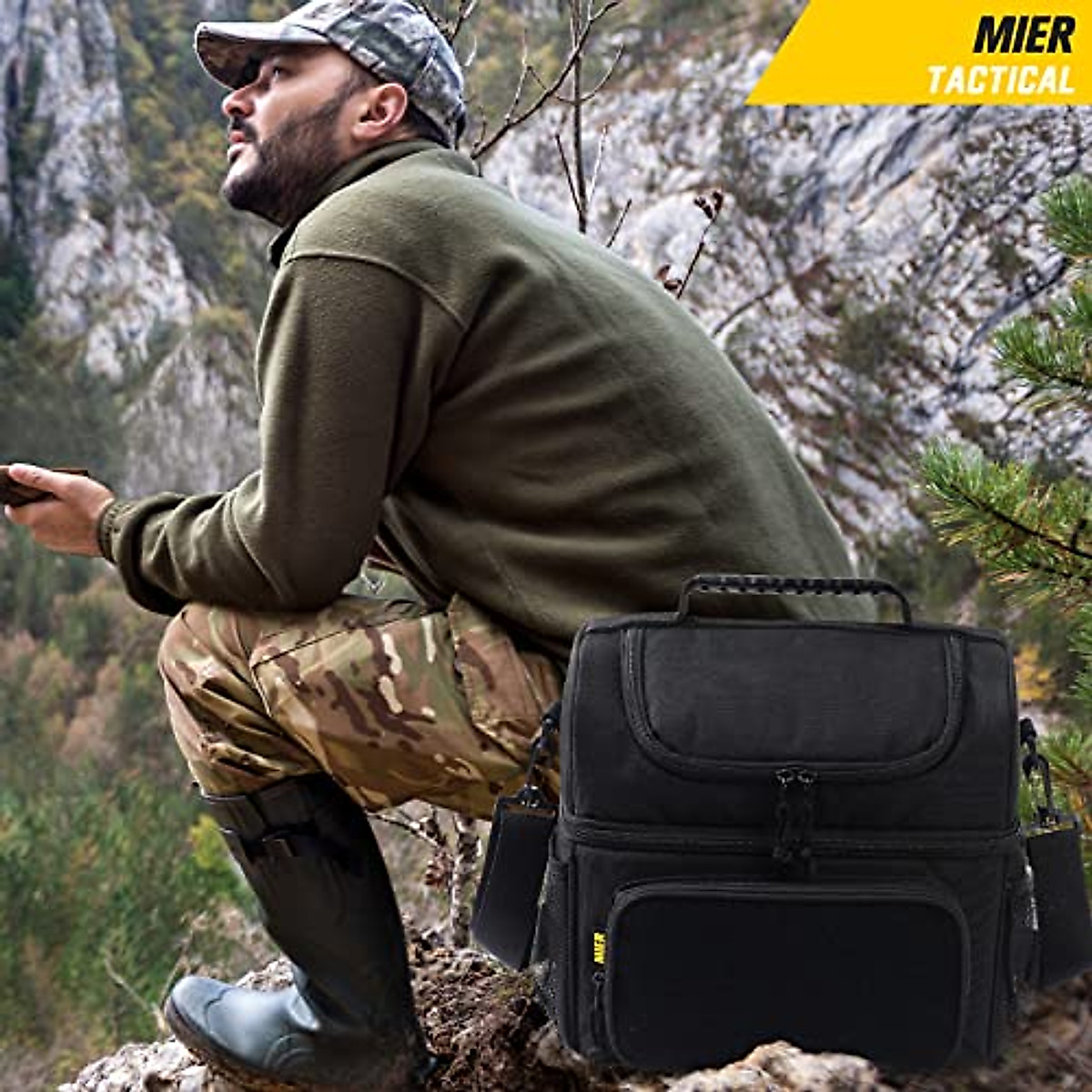MIER Insulated Lunch Box for Men, Double Decker Lunch Bag Coolers Tactical Lunch Bags with MOLLE Webbing for Men Women Adults to Work, Picnic, Outdoors, Black