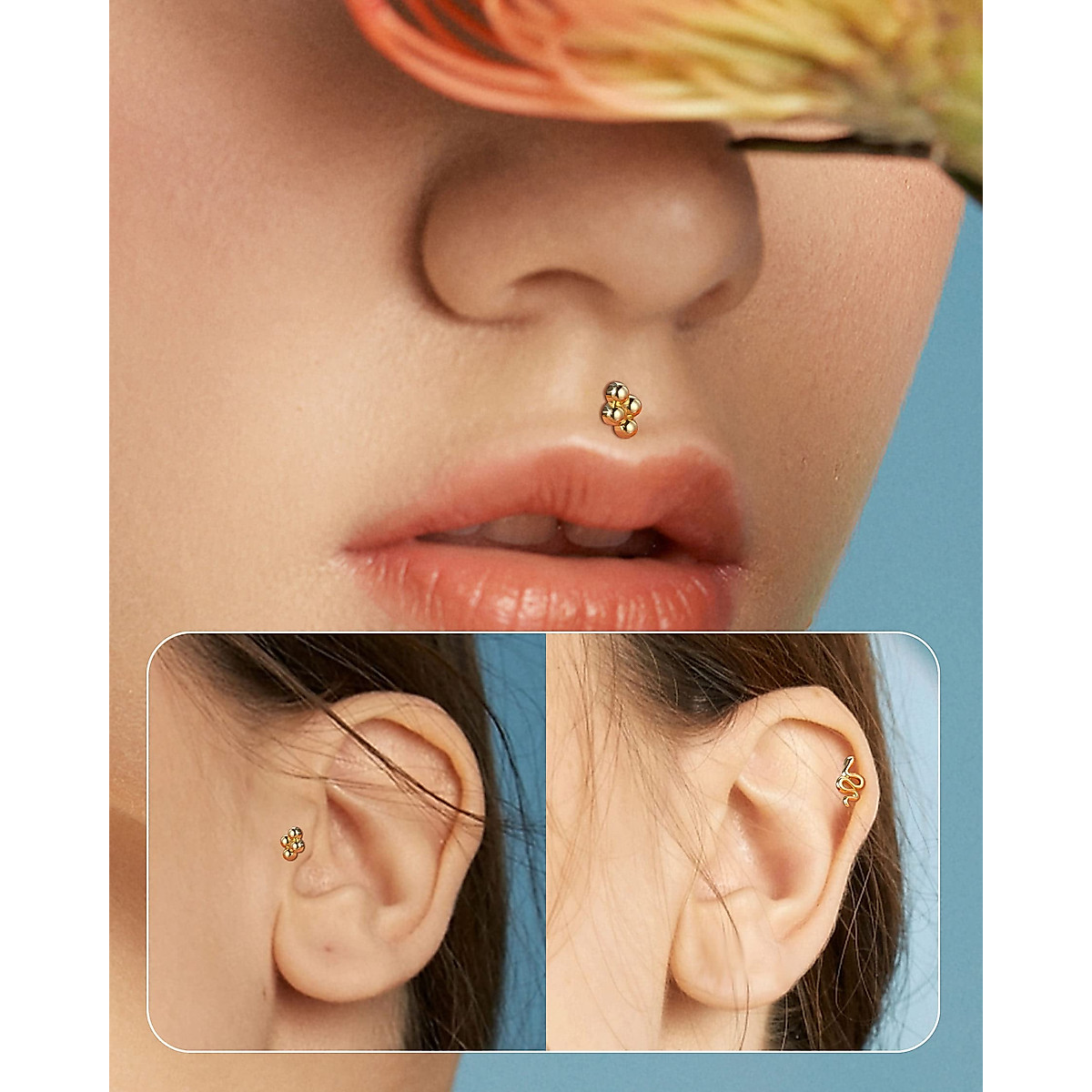 Melighting 14K Gold Helix Earrings Push in Threadless Snake Cartilage Earrings Solid Gold Flat Back Earrings Stud Gold Tragus Piercing Jewelry Labret Jewelry for Women Men