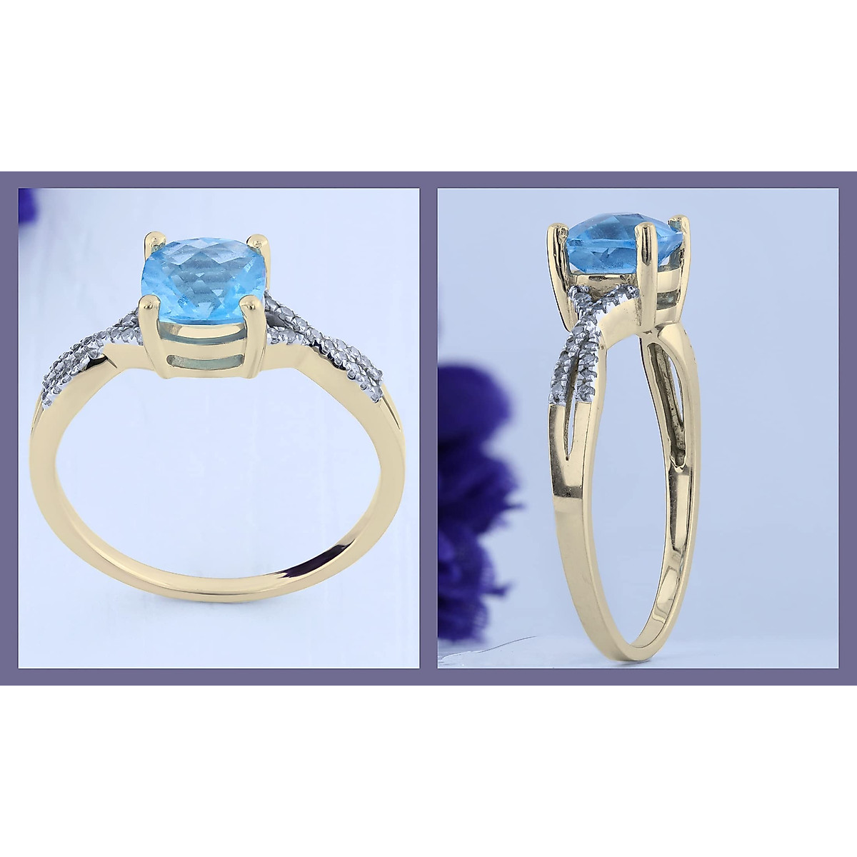 Dazzlingrock Collection 7MM Cushion Blue Topaz & Round White Diamond Swirl Crisscross Split Shank Engagement Ring for Women | 14K Yellow Gold, Size 7.5