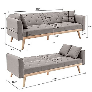 Recaceik Futon Sofa Bed, Convertible Bed Sectional Couch with Two Pillows & Adjustable Backrest, Folding Loveseat Sleeper Sofa Bed with Removable Armrests Linen Fabric Futon Couches for Living Room