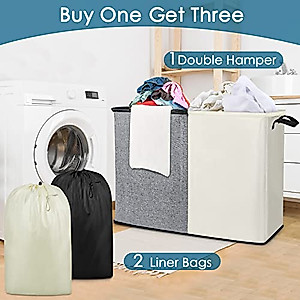 Large Hampers for Laundry 2 Compartment, Dual Laundry Hamper 2 section for Storage and Sorter, Collapsible Double Laundry Hamper with 2 Removable Laundry Bags for Bedroom, Dorm Room, College