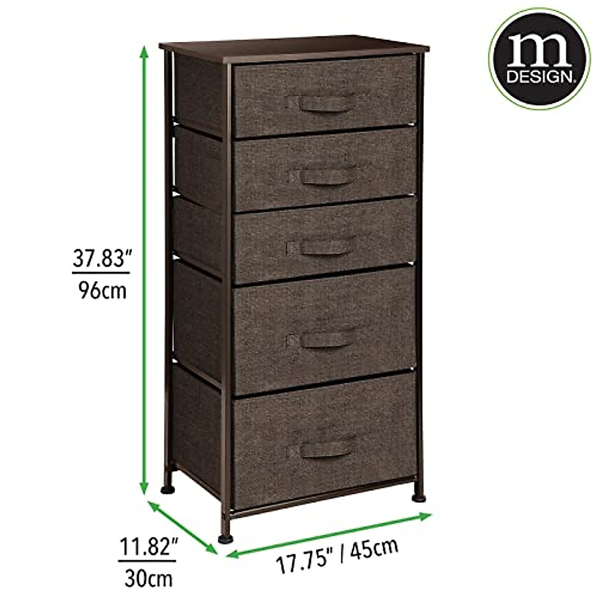 mDesign Storage Dresser Furniture Unit - Tall Standing Organizer Tower for Bedroom, Office, Living Room, and Closet - 5 Drawer Removable Fabric Bins - Espresso Brown