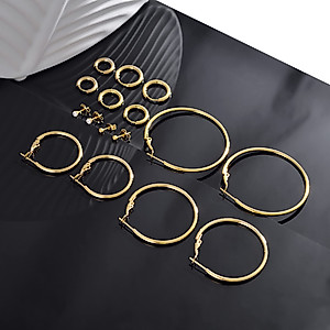 8 Pairs Stainless Steel Gold Hoop Earrings Huggie Cuff Earrings Sets for Multiple Piercing Hoops and Studs Earrings Set Cartilage Small CZ Earrings Ball Earrings Set for Women