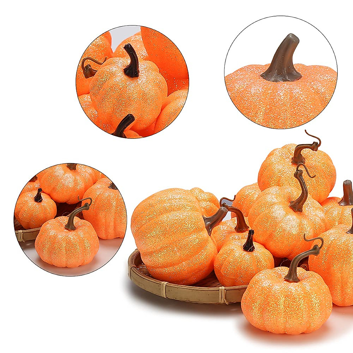 12 Pack Glitter Artificial Pumpkin for Fall Home Decor, Sparkly Fake Pumpkins Decorations, Thanksgiving Halloween Mantel Garden Fall Harvest Party Supplies