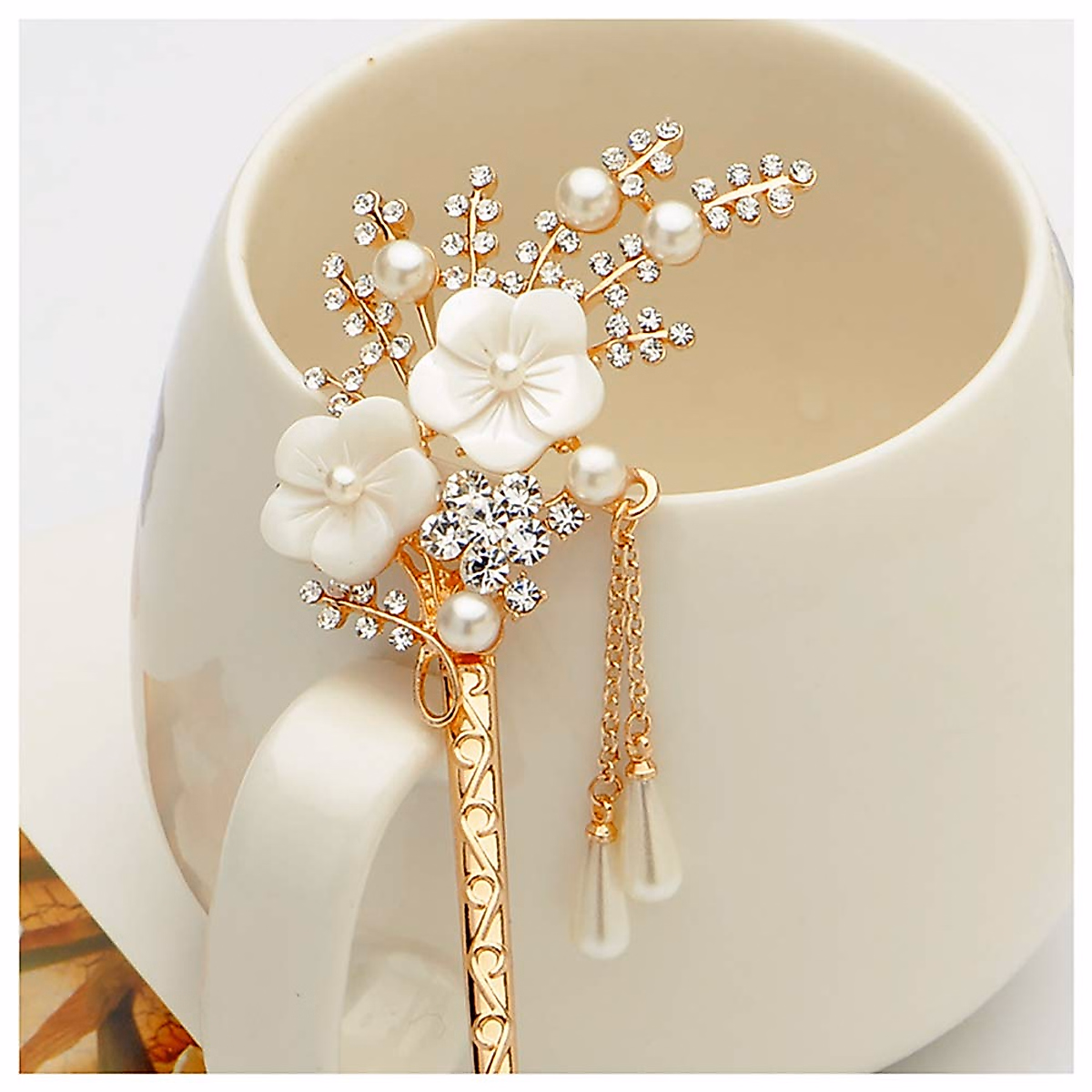 2 Pcs Rhinestone Pearl Flower Hair Stick Chinese Hair Chopsticks Vintage Tassel Hair Pin Chignon Pin Chopsticks Hair Styling Hair Making Accessories for Women (White)1