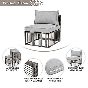 Festival Depot Wicker Patio Single Sofa, Outdoor Armless Chair, All-Weather Brown PE Rattan Couch Chair Waterproof Sectional Furniture for Balcony Garden Pool Lawn Backyard, Grey Thick Cushion