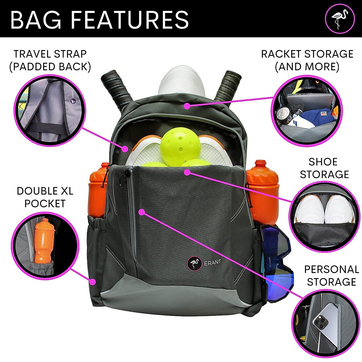 ERANT Athletic Pickleball Bag - Extra Large Sports Pickleball Backpack - Holds 4 Paddles & 2 Bottles - Durable - Men & Women - For Tennis, Pickleball & Gym - Grey