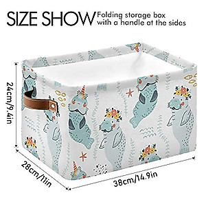 Large Foldable Storage Bin Cute Manatees with Floral Fabric Storage Baskets Collapsible Decorative Baskets Organizing Basket Bin with PU Handles for Shelves Home Closet Bedroom Living Room-2Pack