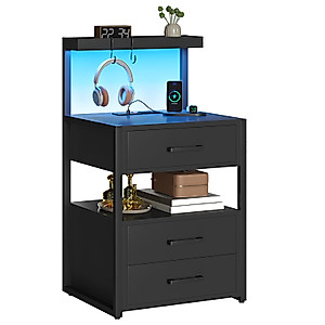 VIAGDO Led Nightstand with Charging Station, 3 Drawers Night Stands with Led Lights, Black Bedside Tables with Storage Shelves, Modern End Side Tables for Bedroom, Office