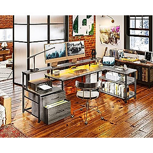 ODK L Shaped Desk with File Drawer, 75" Reversible L Shaped Computer Desk with Power Outlet & LED Strip, Home Office Desk with Storage Shelves, Gaming Desk with Monitor Shelf, Corner Desk, Grey Oak