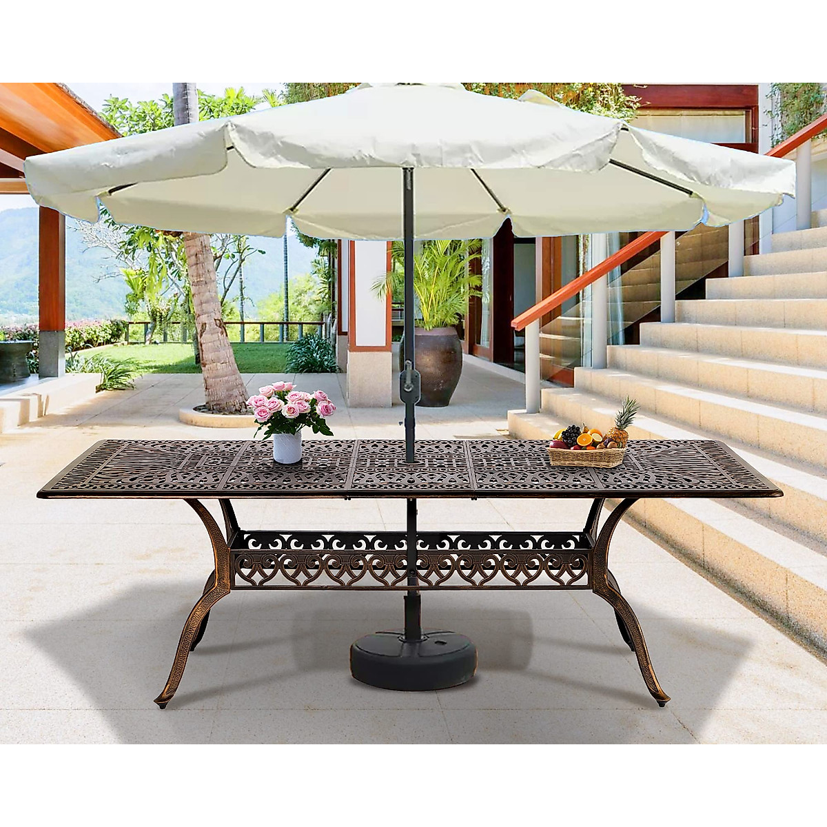 TITIMO 87'' Patio Dining Table, Cast Aluminum Outdoor Rectangle Dining Table, Weather-Resistant Table with 2" Umbrella Hole, Lawn Backyard Garden