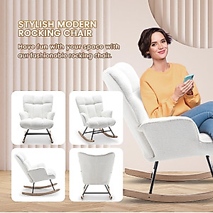 SAETSFEG Nursery Rocking Chair Teddy, Upholstered Glider Rocker with High Backrest, Comfortable Stylish Accent Armchair with Padded Seat for Living Rooms, Bedrooms, Offices, White