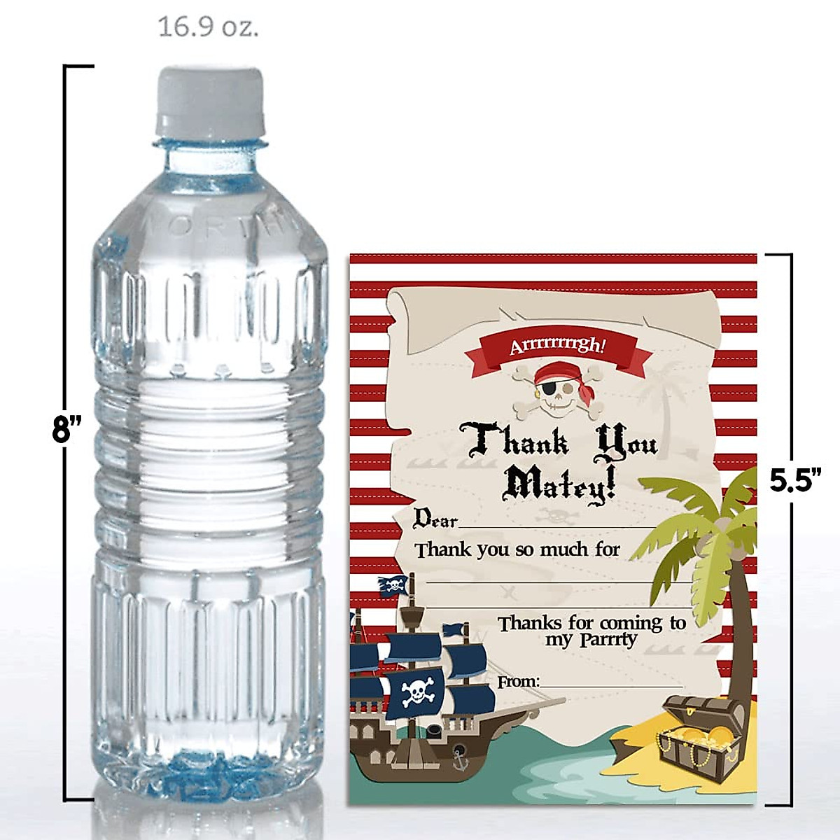 Pirate Treasure Map Birthday Thank You Notes, Ten 4" x 5.5" Fill In The Blank Cards with 10 White Envelopes by AmandaCreation