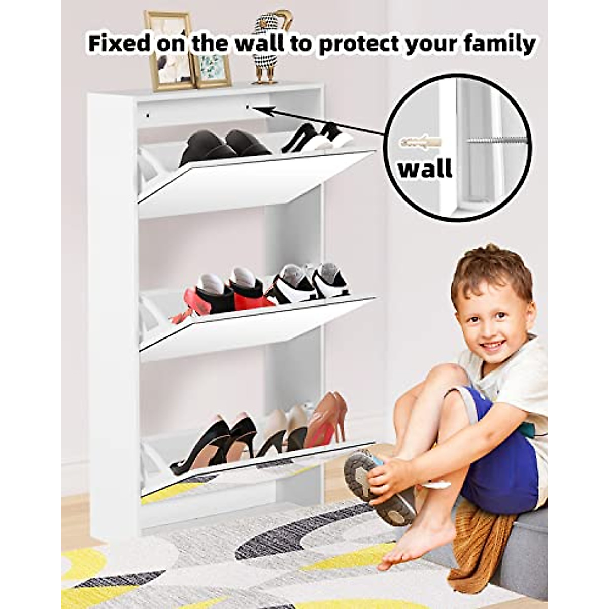 HOPUBUY Shoe Cabinet for Entryway, Narrow Shoe Storage Cabinet with Mirror, Wood Slim Shoe Rack 3 Tier Shoe Organizer for Home and Apartment, White