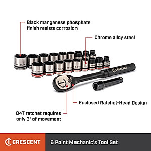 Crescent 20 Piece X10 3/8" Drive 6 Point Standard SAE/Metric Mechanics Tool Set - CSWS38B