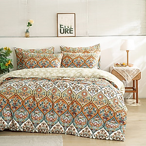 DaDa Bedding Bohemian Duvet Cover w/Pillow Cases - Reversible Coral Teal Floral Paisley Botanical Garden Party - Bright Vibrant Multi-Colorful Blue Salmon Pink - Full - 3-Pieces