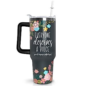 qoepfnsh Speech Therapy Tumbler with Handle SLP Travel Coffee Mug Cups Speech Language Pathology Tumblers with Lid and Straw Stainless Steel Insulated Speech Pathologist Therapist Gifts for Women
