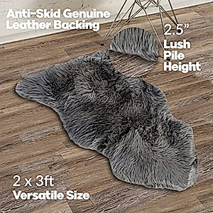 Natural Sheepskin Rug with Thick and Lush 2.5 Inch Pile | Fluffy, Hypoallergenic Sheep Fur Rug with Anti-Skid Back | 2 x 3 ft Small Sheepskin Wool Area Rugs, Grey
