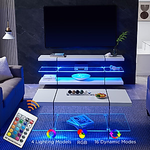 T4TREAM Modern TV Stand for 75 Inch TV, Tempered Glass and Wood Entertainment Center with RGB LED Lights, Media Console Table with Open Storage Shelves for Living Room, Solid White