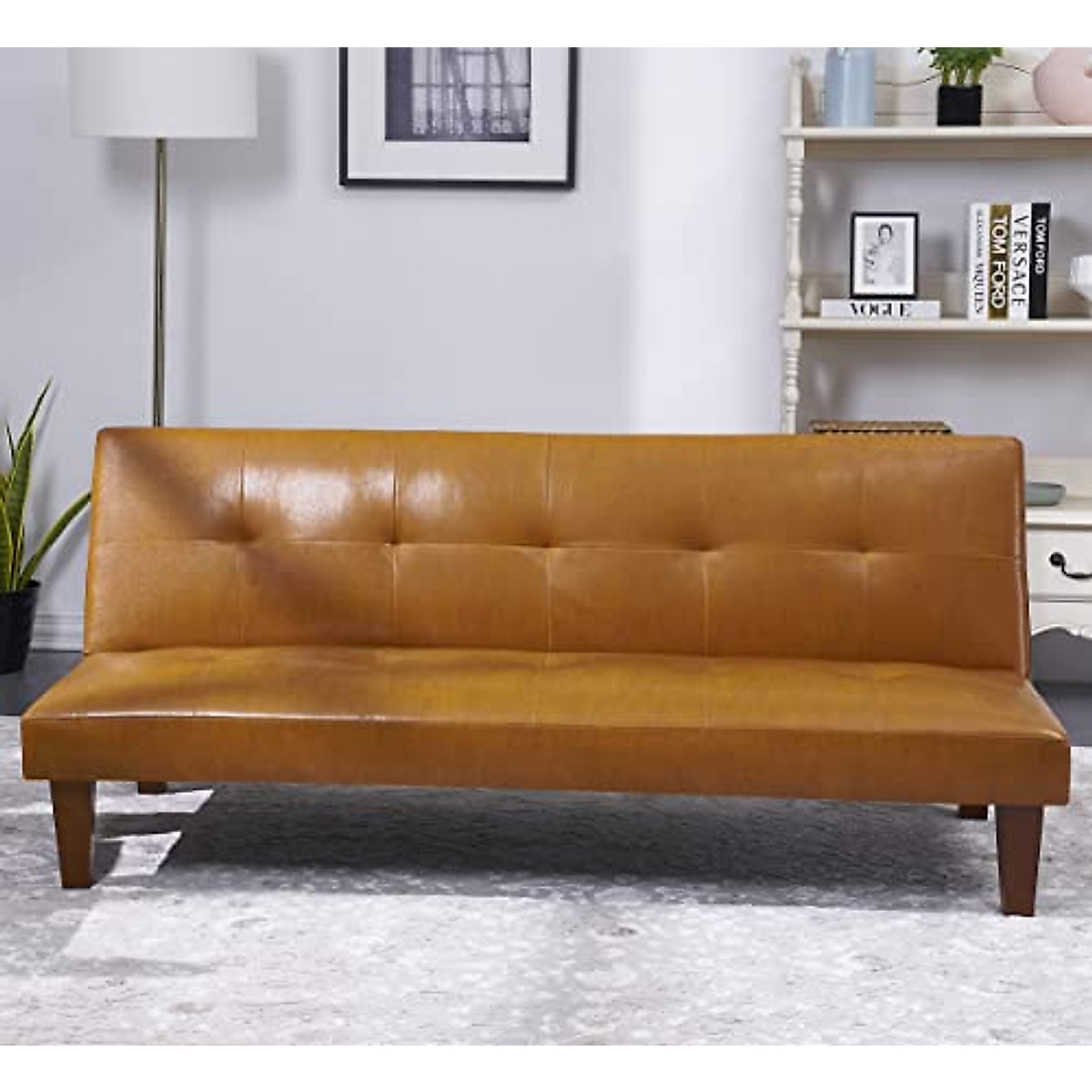 Audrey Living Futon Sofa Bed, Upholstered Modern Convertible Sleeper Sofa Couch Faux Leather for Small Living Room, Apartment, Dorm, Square Legs, 69”W (Tan)