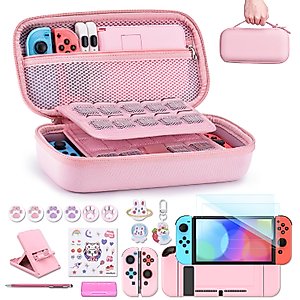 innoAura Switch Case for NS Switch 19 in 1 Switch Accessories Bundle with Switch Carrying Case, Switch Game Case, Switch Screen Protector, Switch Stand, Switch Thumb Grips (Pink)