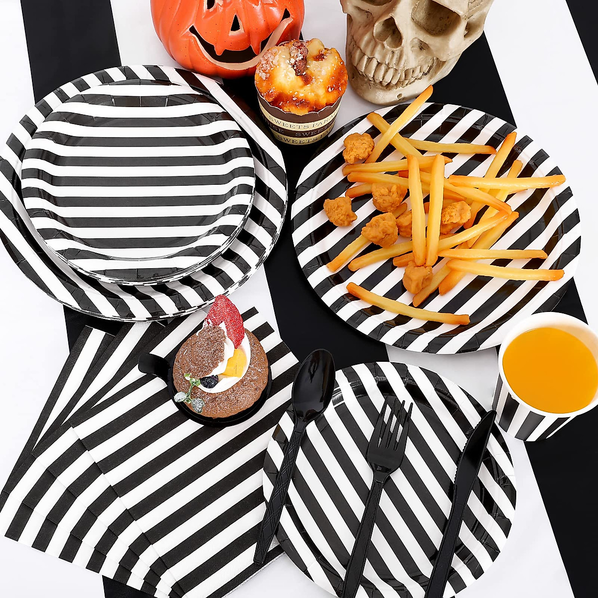 durony 113 Pieces Black and White Striped Party Supplies Table Decorations Includes Paper Napkins Cups Plates Knives Forks Spoons Tablecloth Disposable Tableware Set for Birthday Graduation Wedding