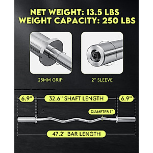 HIRALIY 47" Olympic EZ Curl Barbell Bar for 2-inch Weight Plates Curling Lifting Bicep Curl, 2 Spring Collars Included (Chrome)