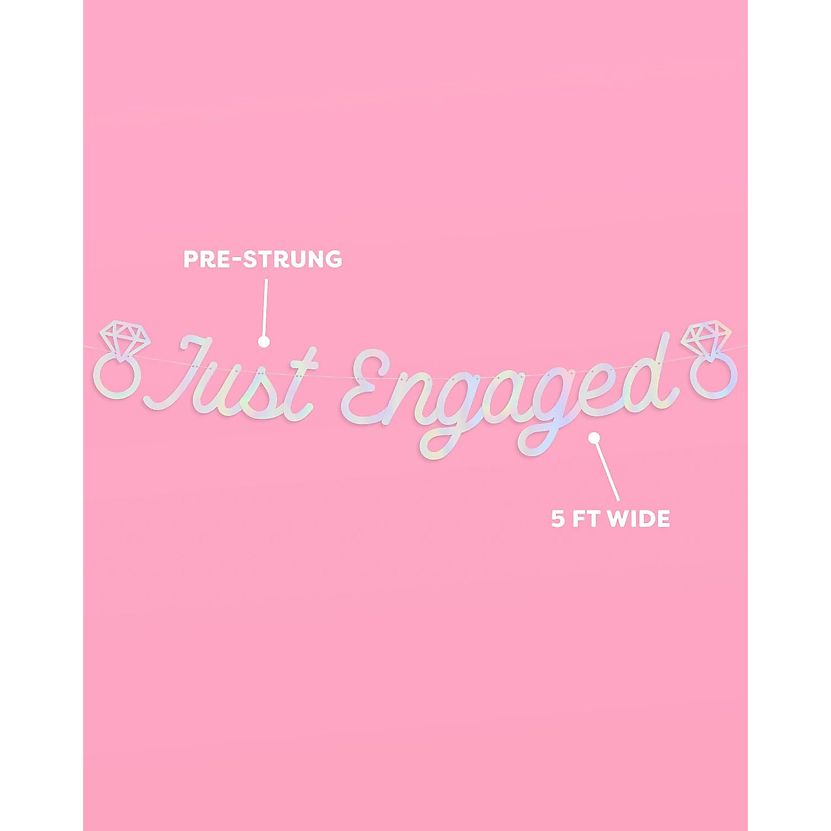 xo, Fetti Just Engaged Iridescent Foil Banner - 5 Ft. | Engagement Party Decoration, Diamond Ring Proposal Decor, Bachelorette Backdrop, Bride To Be Photobooth, Bridal Shower Supplies